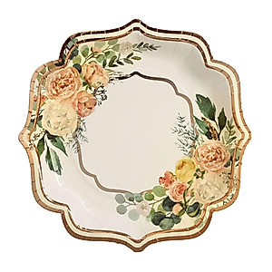 Efavormart 25 Pack | Floral 10" Scallop Rim Dinner Party Paper Plates, Disposable Plates - 300 GSM