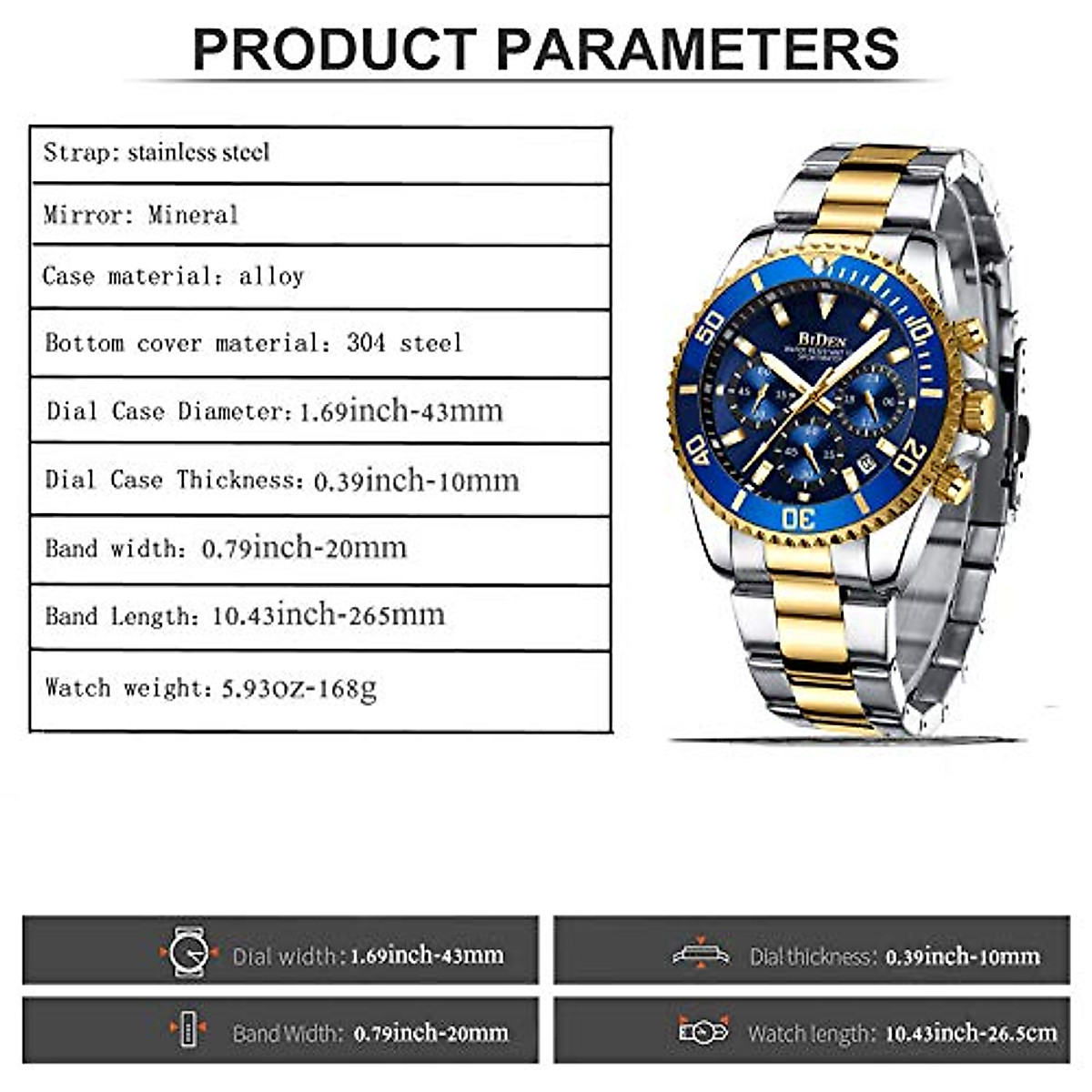 BIDEN Mens Watches Chronograph Gold Blue Stainless Steel Waterproof Date Analog Quartz Watch Business Casual Fashion Wrist Watches for Men