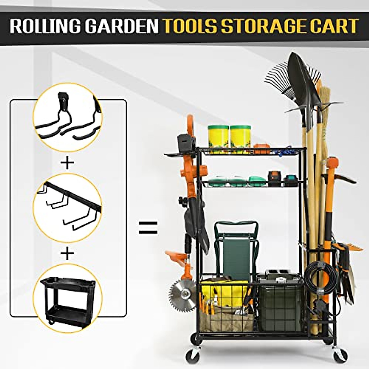 Garden Tool Organizer for Garage, Garden Tool Rack on Wheels, Garage Tool Tower Rack, Yard Tool Holder for Garage, Shed, Garden, Garage, Outdoor, Heavy Duty Steel, Black, Garage Organizer