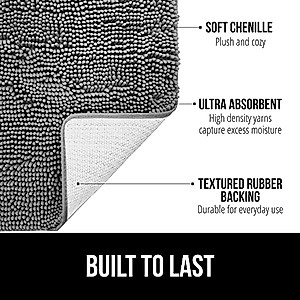 Gorilla Grip Bath Rug, Thick Soft Absorbent Chenille Rubber Backing Bathroom Rugs, Microfiber Dries Quickly, Shaggy Machine Washable Mats, Plush Durable Rug, Bathtub and Shower Floor, 24x17, Grey