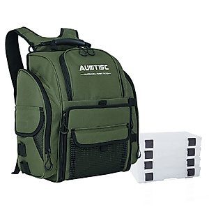 AUMTISC Fishing Tackle Backpack with 4 Tackle Boxes, Rod Holder, Protective Rain Cover, Waterproof Large Fishing Tackle Gear Bag for Fishing, Camping, Hiking (Black, Green, Camouflage)