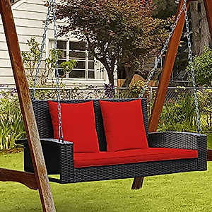 RELAX4LIFE Porch Swing 2-Seat Patio Rattan, Wicker Porch Swings Outdoor W/ Two 7.9 Ft Solid Steel Chain, Comfortable Back & Seat Cushions, for Front Porch, Garden, Backyard Patio Swing (Red)