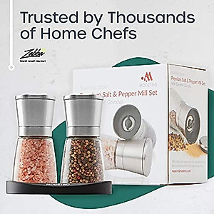 Modetro Salt and Pepper Shakers Set 6 oz Each Adjustable Coarseness Pepper Grinder Mill for Sea Salt Spice Stainless Steel Glass 2 Pack