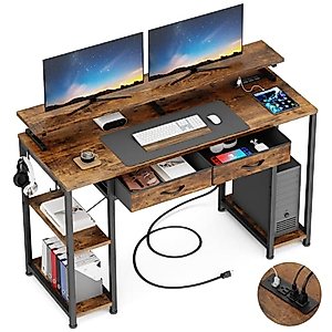 GIKPAL Computer Desk with Drawers, 47 inch Office Desk with Power Outlet and Storage Shelves, Home Writing Work Desks with Monitor Stand, Rustic Brown