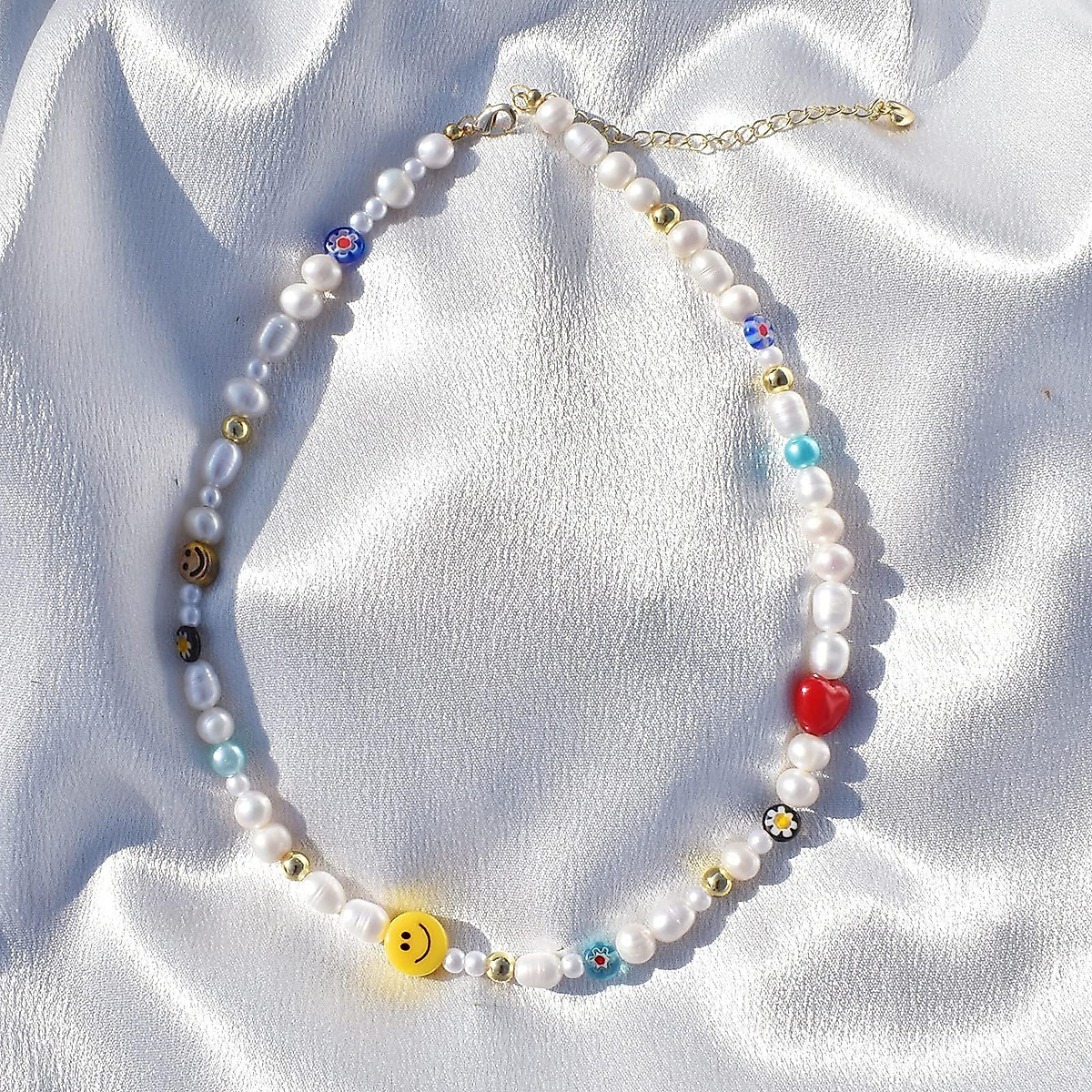 Beaded Necklace Y2K Pearl Necklace for Women Handmade Preppy Necklace Trendy Bead Necklace Y2k Necklaces Boho Cute Colorful Beads Friendship Pendant Jewelry Gifts for Her