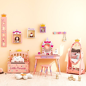 HONEY JOY 3 Piece Kids Vanity Set, Girls Vanity Table & Chair Set, Princess Toy Box, 360° Rotatable Freestanding Dressing Mirror w/Storage Shelf, Kids Room Furniture Set for Playroom Bedroom, Pink