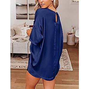 SWOMOG Womens Satin Pajamas Sets Solid Short Sleeve T-Shirt Tops with Shorts Sleepwear Summer Pjs Loungewear Navy Blue