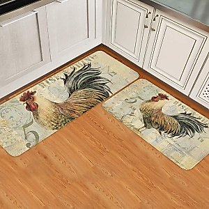 2 Piece Kitchen Mats Cushioned Anti Fatigue Chicken Cock Rooster Waterproof Non Slip Kitchen Rugs Washable Indoor Outdoor Vintage Rustic Farmhouse 15.7x23.6+15.7x47.2