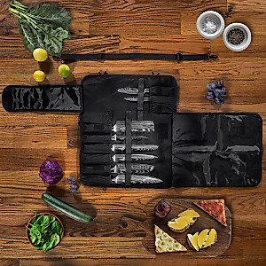 SENKEN Chef Knife Roll Bag - Heavy Duty Kitchen Knife Carrying Case with Shoulder Strap - Additional Large Zippered Pocket for Big Items, Waterproof 600D Oxford Fabric