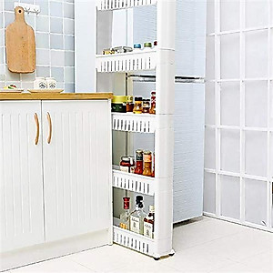 Slim Storage Cart Fits perfectly between the refrigerator and cabinet. 5 Tier Mobile Shelving Unit Organizer Slide Out Storage Cart