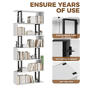Gadroad 6 Tier Geometric Bookcase,S Shaped Bookshelf, Wood Decorative Storage Shelving, Modern Freestanding Display Shelves, Tall Book Shelf Unit for Living Room Bedroom, White