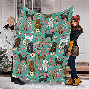 Cute Labradoodle Dogs Lovers Green Rose Flower Floral Funny Animals Puppy Dog Blanket Throw Ultra Soft Light Cozy Flannel 3D Print Blankets for Bedroom Bed and Sofa Quilt Birthday Gifts Stuff 60"x50"