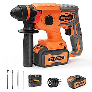 Heywork Cordless Rotary Hammer Drill, 4 Modes Variable Speed and Adjustable Handle, SDS-Plus Chuck Hammer Drill with 21V 2*4.0Ah Li-ion Battery and Charger, Electric Hammer Drill for Wall, Concrete.