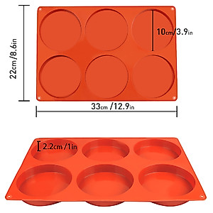 2 Pcs Large Silicone Molds for Baking, 6-Cavity Round Silicone Baking Mold, Non-Stick 4” Baking Disc Molds for Whoopie Pie, Egg Pan,Muffin, Candy, Soap, Hamburger, Resin Coasters (Red)