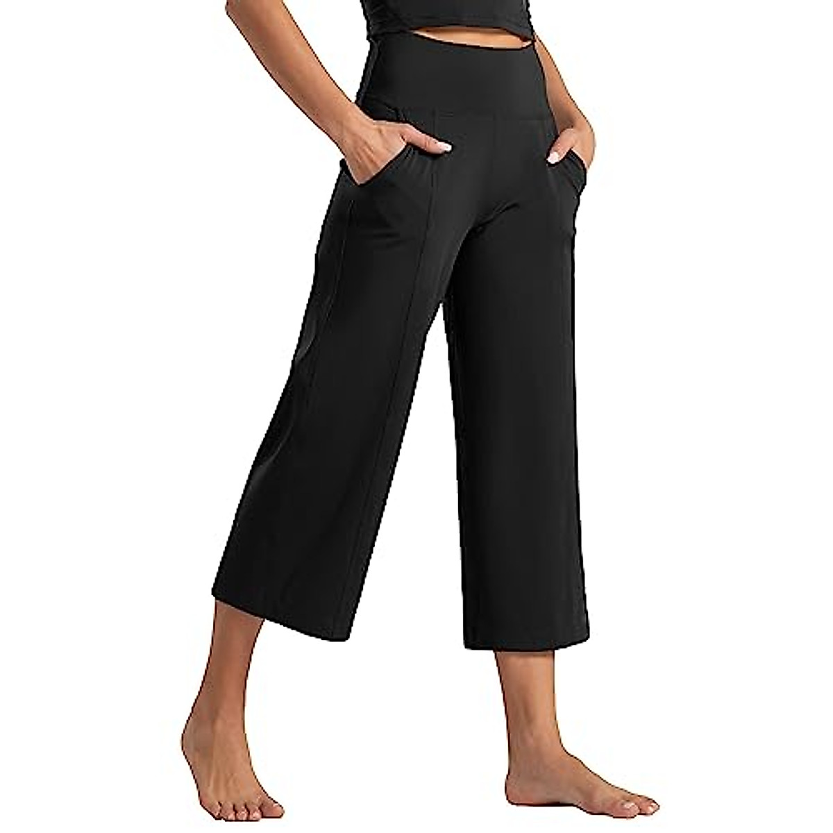 Tmustobe Womens Lounge Yoga Capris Pants Bootleg Tummy Control High Waist Workout Flare Crop Pants with Pockets (Black, Large)
