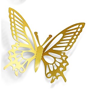 3D Gold Butterfly Wall Decals, 72Pcs 6 Styles 3 Sizes, Removable Stickers Wedding Decor Party Cake Decorations Metallic Hollow-Carved Fridge Nursery Mural Kids Bedroom Party DIY Gift