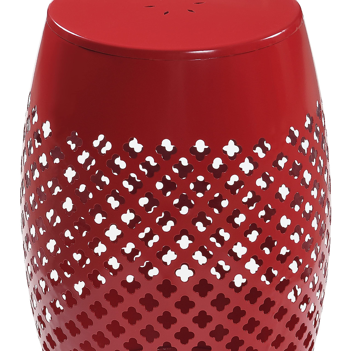 AC Pacific Outdoor Indoor Lace Cut Side Table, Powder-Coated Iron Pedestal Stand, Drum Shaped Accent Furniture for Patio, Living Room or Bedroom, Red