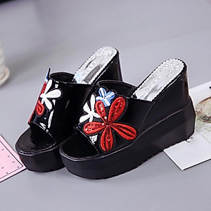 WensLTD Women's Thick-Bottom Sloped Slippers Embroidered High-Heeled Wedges Platform Shoes (6.5, Black)