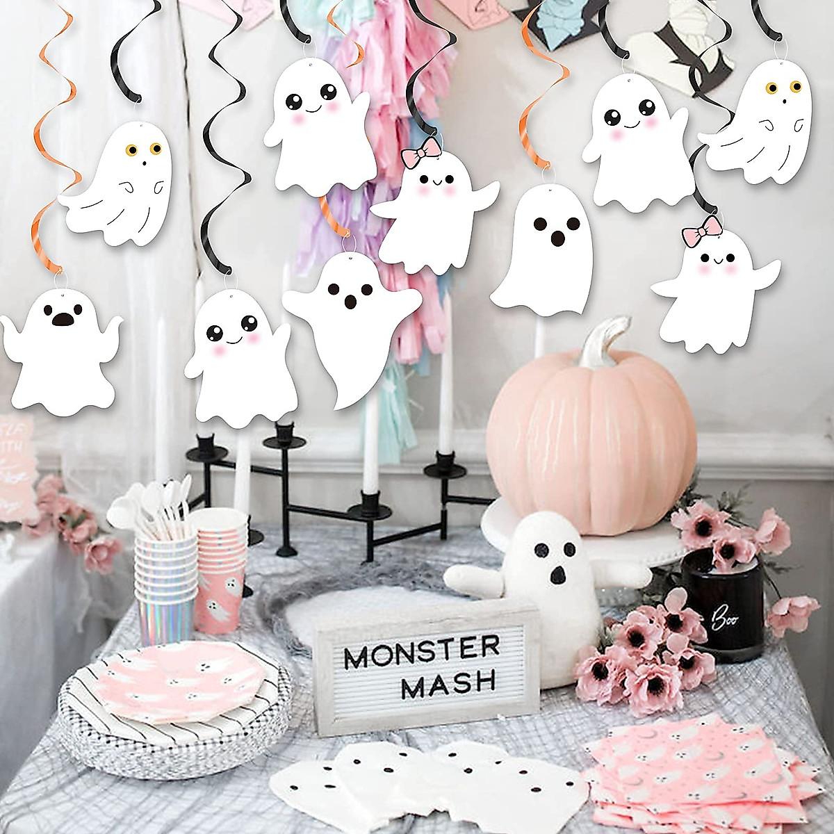 K KUMEED Halloween Decorations Hanging Swirls 20pcs, Ghost Hanging Decorations Perfect for Home Indoor Outdoor Halloween Baby Shower Party Decorations