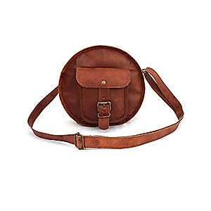 Vintage Leather Crossbody Bag Women/Teen Girls Satchel Handbag Round Messenger Sling Bags, 10 Inch Small