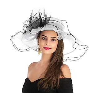 Women's Organza Church Kentucky Derby British Fascinator Bridal Tea Party Wedding Hat Summer Ruffles Cap（HL-White Black Line）