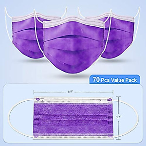 70PCS Adult Size Disposable Protective Face Mask 3-Layer Individually Packed, Soft Elastic Earloop Skin-Friendly Breathable Adjustable Fit Nose Clip Sanitary Safe Nonwoven Fabric Filtration (Lavender)