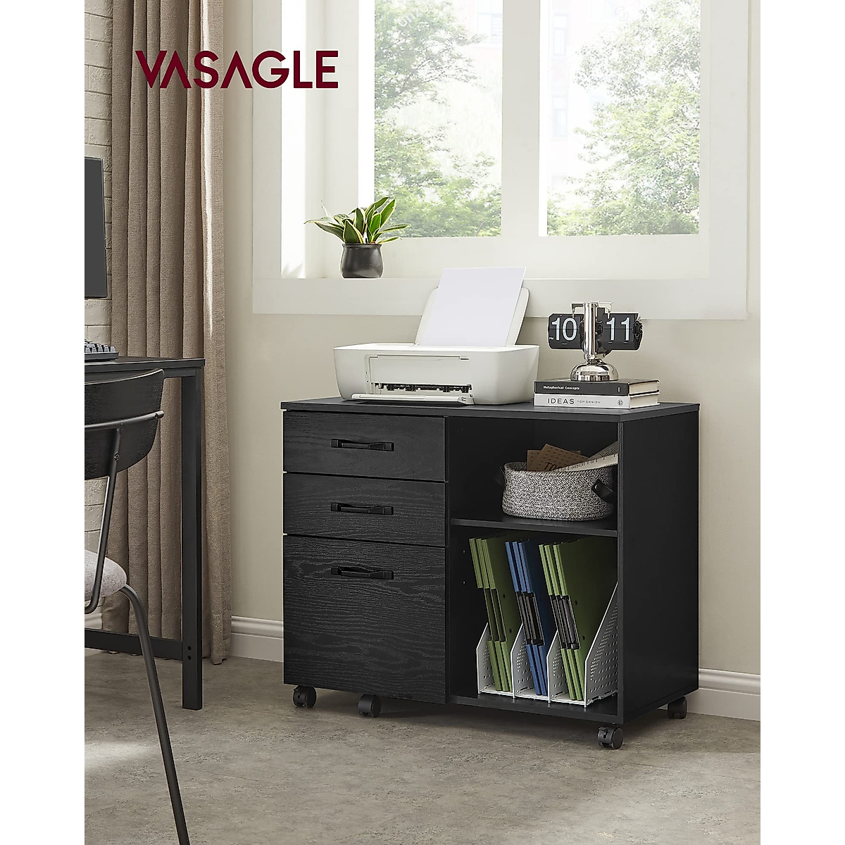 VASAGLE Lateral File Cabinet, Home Office Printer Stand, 3-Drawer Mobile Filing Cabinet with Open Storage Shelves, for A4, Letter-Size Files, Black with Wood Grain UOFC041B56