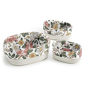Sweet Jojo Designs Blush Pink Yellow Vintage Floral Boho Girl Woven Storage Basket Set 3pc Cotton Rope Diaper Caddy Bins Baby Nursery Kids Closet Drawer Organizer Liner Bohemian Shabby Farmhouse Green