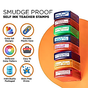 Tickselect Teacher Stamps for Classroom Grading 8PCS – Rectangular Self Inking Stamps Set for Teachers with Different Messages –Homeschool & Teacher Supplies – Comes with Bonus Storage Tray