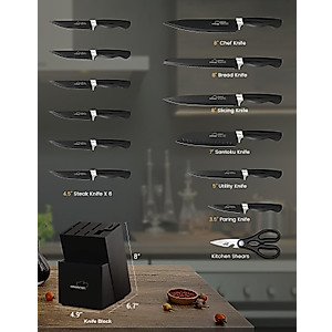 Knife Set, Amorston 15 Pieces Knife Sets for Kitchen with Block, Dishwasher Safe Kitchen Knife Set with Built in Sharpener Block, German Stainless Steel Knife Block Set, Black