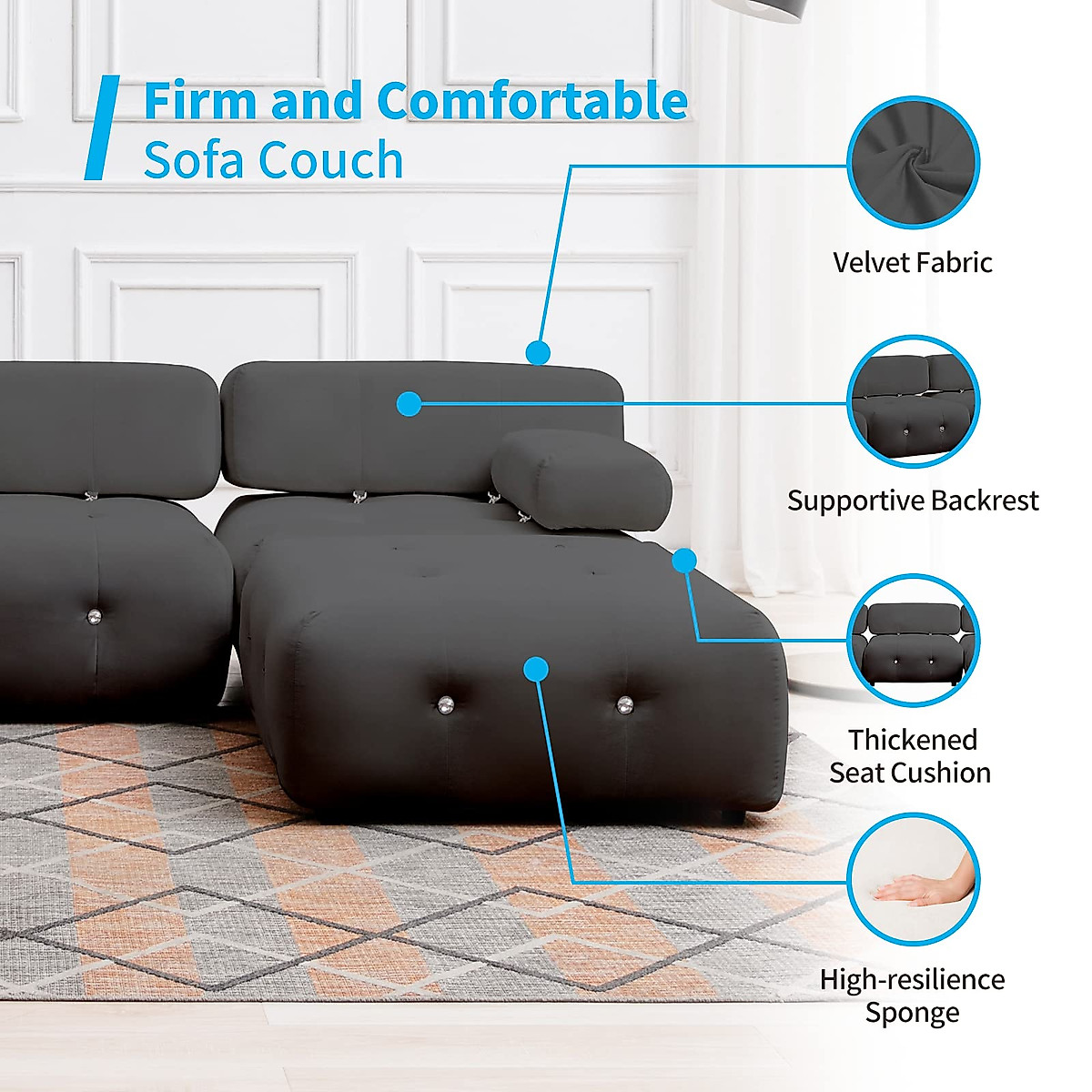Mjkone Modular Sectional Sofa with Reversible Chaise, Velvet L Shaped Cloud Couch with Reversible Ottoman, 4 Seater Couch Button Tufted Designed, DIY Combination Sofa for Living Room, Dark Grey