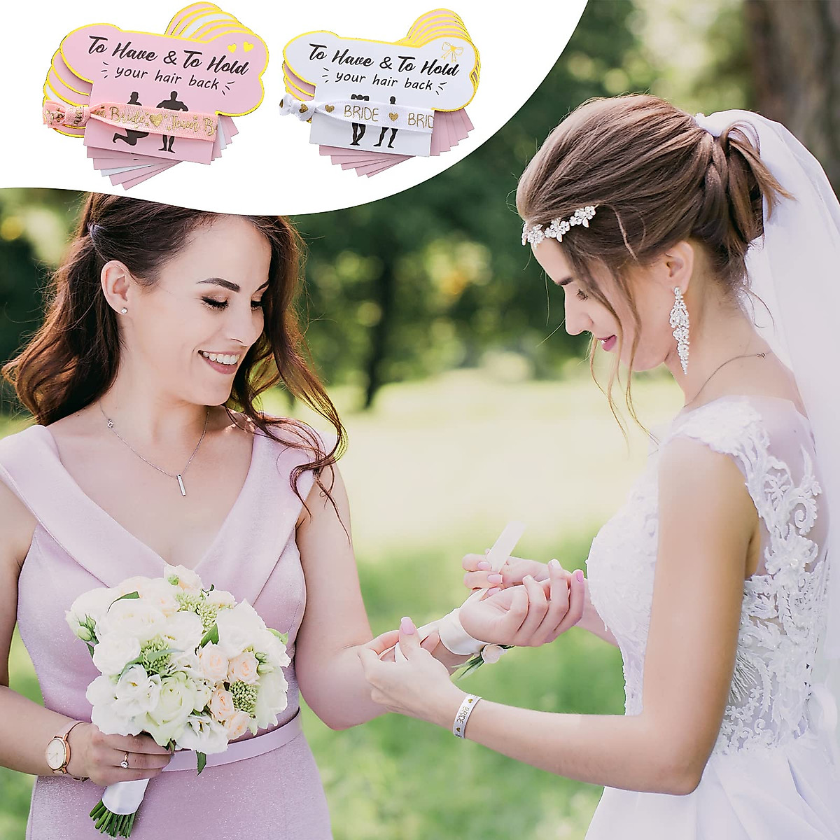 12 Pcs Wedding Bachelorette Hair Ties Party Supplies Bridesmaid Scrunchies Hair Tie with Cards to Have and to Hold Your Hair Back Bride Bridesmaid for Bridal Shower (Pink, White)