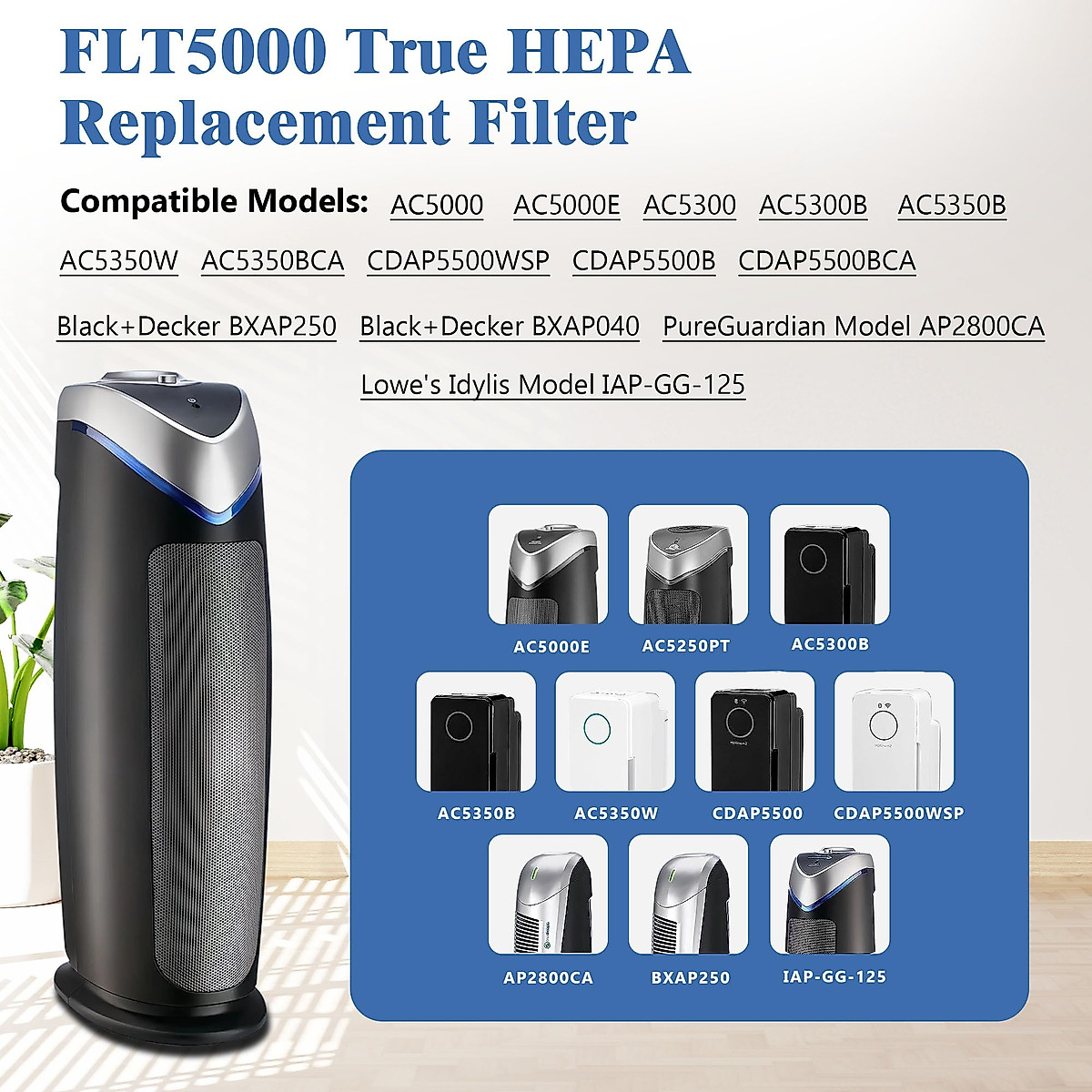 6 Packs FLT5000 Plastic Frame True HEPA Filter C Replacement Compatible with AC5000 AC5000E AC5250PT AC5350B AC5350BCA AC5350W AC5300B with 6 Packs Activated Carbon Pre-Filters