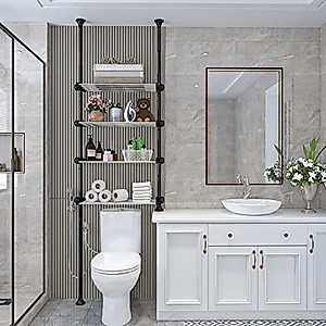 Lilyvane 4 Tiers Over The Toilet Storage, 97 to116” Adjustable Tension Pole Over Toilet Bathroom Organizer, Freestanding Bathroom Shelves Over Toilet for Most Showers Over The Toilet Shelf, Black