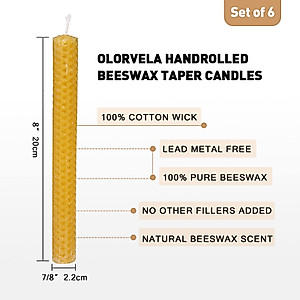 olorvela Beeswax Candles Handmade Taper Candles 6Pack 8" Hand-Rolled Candlesticks Made of 100% Pure Beeswax, Natural Scent Beeswax Tapers(Raw)