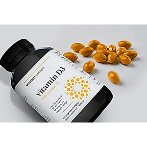 Plant-Based Vitamin D3 Immune Support with Vegan K2 Complex in a Vegetarian Softgel - Includes 5,000 IU of Vitamin D for Immunity Boost, Complete Bone Health & Arterial Protection (1 D3+K2)