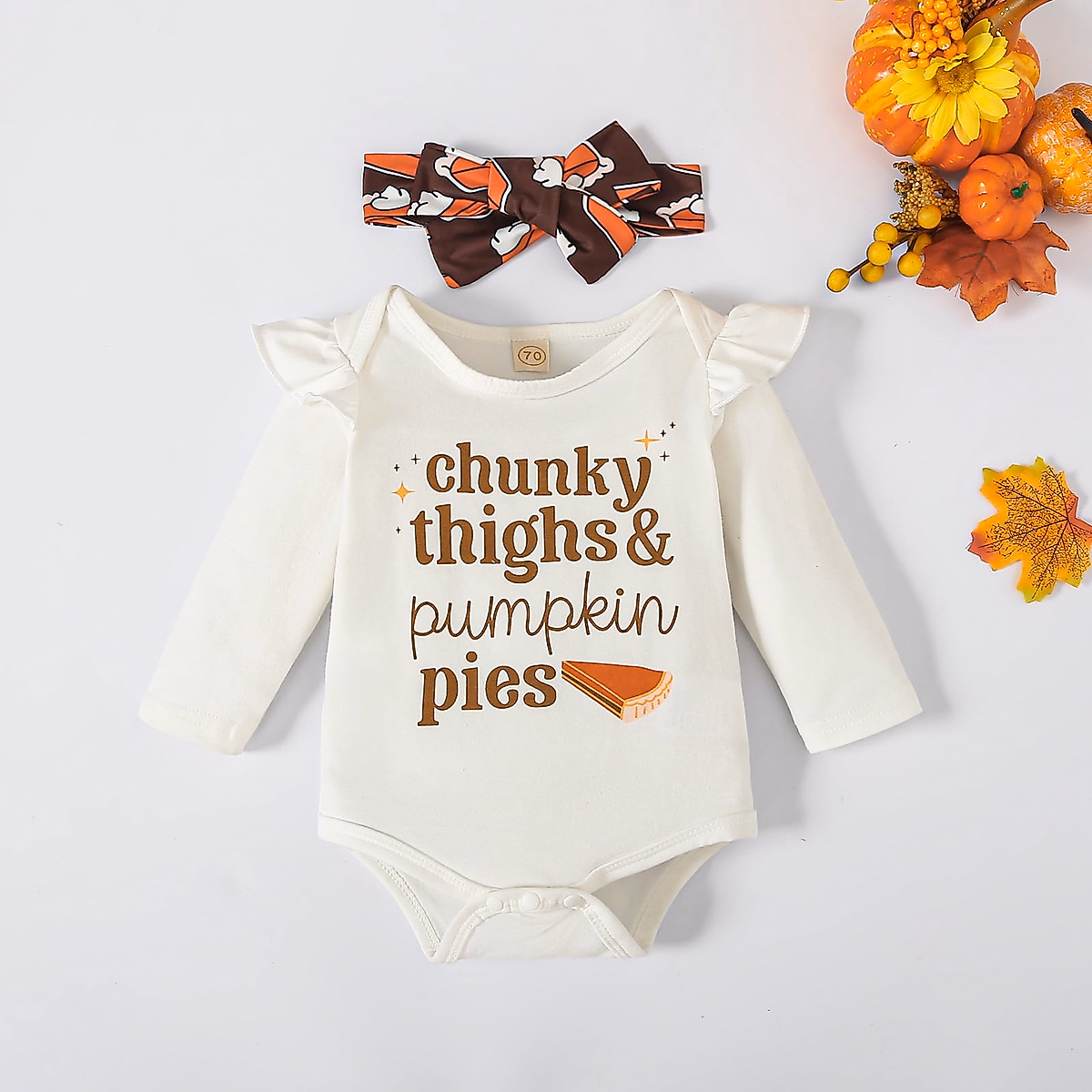 Baby Girl Thanksgiving Outfit Pumpkin Pie Romper+Flare Pants Newborn Girl Turkey Day Clothes 0-18 Months(White,12-18 Months)