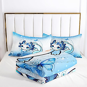 AILONEN Cartoon Axolotl Kids Comforter Set Queen Size, Blue Axolotl Printed Kawaii Bedding Set Girls Bed in a Bag 3 Pieces,Wildlife Animals Axolotl Salamander Comforter with 2 Pillowcases