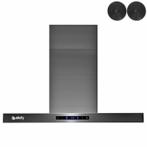 AKDY 30 in. 343 CFM Convertible T-Shape Wall Mount Black Stainless Steel Kitchen Range Hood with Touch Panel and Carbon Filters