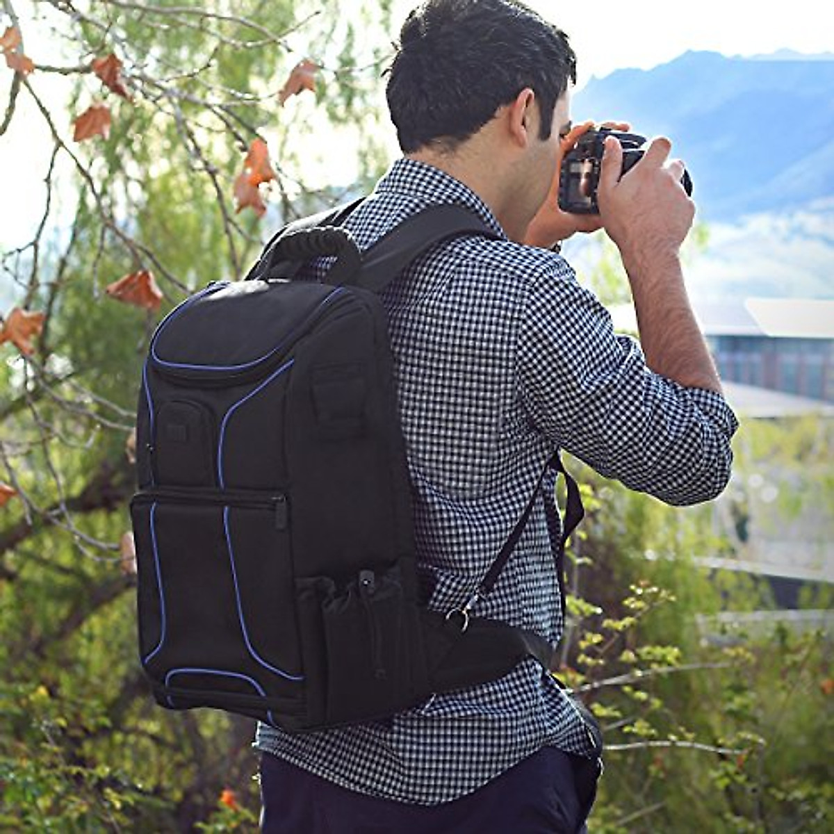 USA GEAR DSLR Camera Backpack Case - 15.6 inch Laptop Compartment, Padded Custom Dividers, Tripod Holder, Rain Cover, Long-Lasting Durability and Storage Pockets - Compatible with Many DSLRs (Blue)