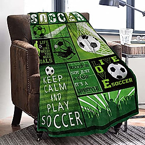 Soccer Throw Blankets Kids Throw Blankets Soccer Soft Flannel Soccer Ball Blanket Green Cozy Fluffy Fuzzy Soccer Lover Gift Blankets for Toddler Boy Men Soccer Team Player Birthday Sofa 40x50 Inch
