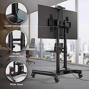 ONKRON Mobile TV Stand with Wheels Rolling TV Stand for 40-70 Inch LED LCD Flat or Curved Screen TVs up to 100 lbs - Height Adjustable TV Cart with Shelves - Portable TV Stand (TS1551) Black