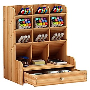 dsfen Wooden Desktop Organizer Multi-Functional Pen Holder Storage Box Desktop Stationary Storage Organizer with Drawer for Home Office School
