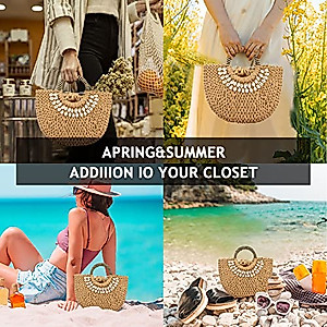 Beach Bag for Women Straw Top-Handle Bags Summer Woven Beach Tote Bag (Brown)