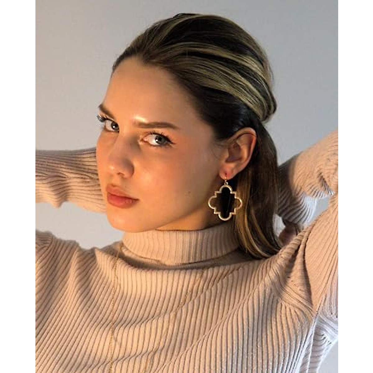 POMINA Quatrefoil Clover Gold Dangle Drop Earrings Gold Silver Two Tone Textured Trendy Fashion Earrings for Women