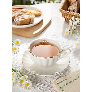 Amazingware Royal Tea Cups and Saucers, with Gold Trim and Gift Box, British Coffee Cups, Tea Cup Set, Porcelain Tea Set, Cappuccino Cups, Latte Cups, Set of 6 (8 oz)- White