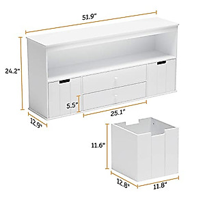 Timy Toy Storage Organizer with 2 Drawers, Wooden Toy Organizer Bins, Kids Bookshelf for Reading, Storing, Playing, White