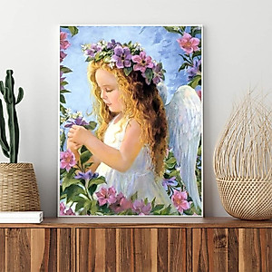 QAZWSX 5D Angel Diamond Painting Kits, Pink Flowers DIY Diamond Art Kits for Adults, Full Round Drill Crystal Cross Stitch Adults Craft for Wall Office Decor Christmas Thanksgiving Gift 12x16 inch