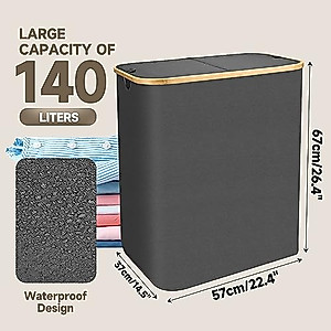 Zomhusea Double Laundry Basket with Lid - 140L Divided Laundry Hamper 2 Section with Removable Bags,Foldable Dirty Clothes Basket with Bamboo Handles - Bathroom,Dorm,College Large Hampers for Laundry