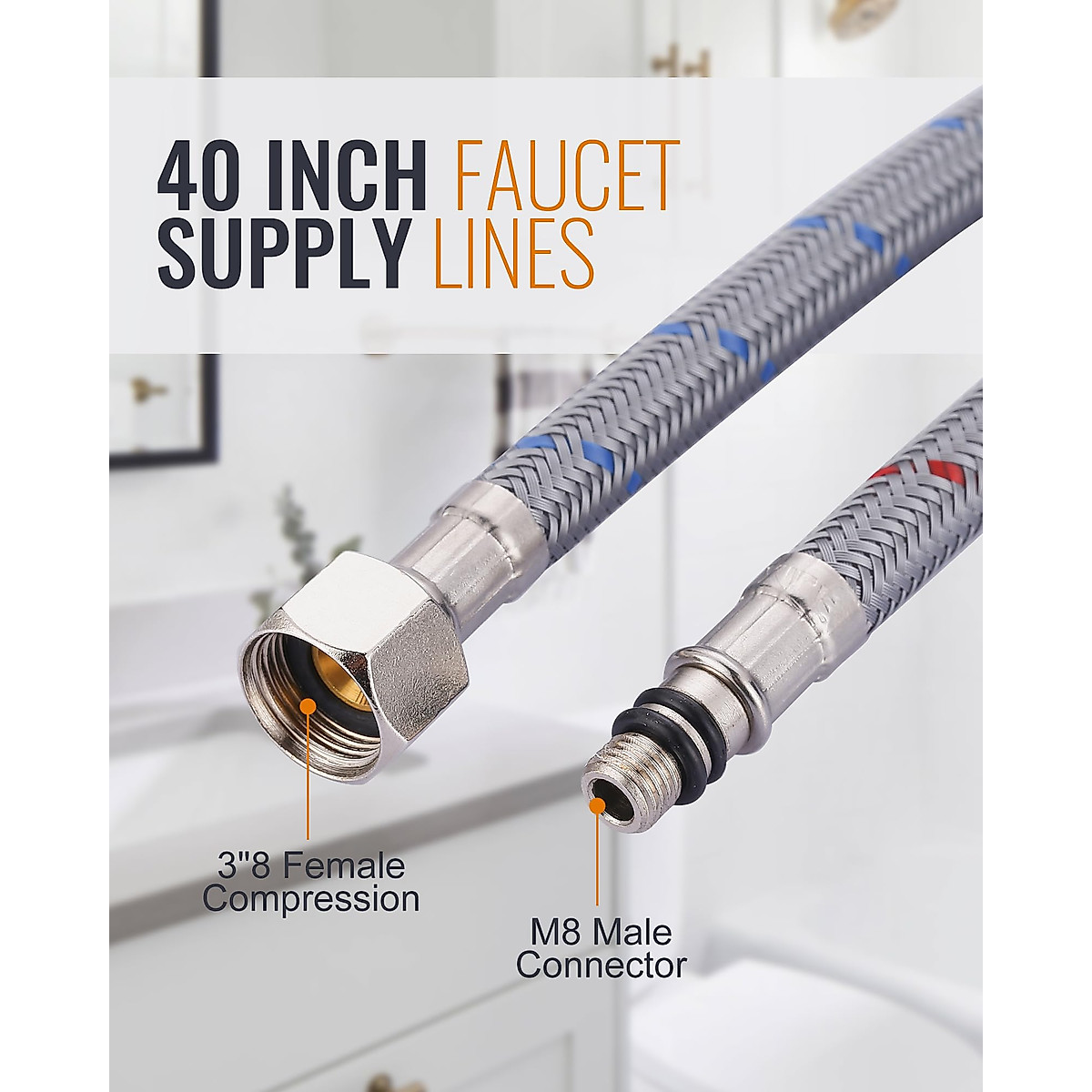 Faucet Supply Lines: WOWOW 40" Bathroom Sink Faucet Hose, Braided Nylon cUPC Supply Lines 3/8" Female Compression Thread × M8 Male Connector,Stainless Steel Braided Supply Line(1 Pair)